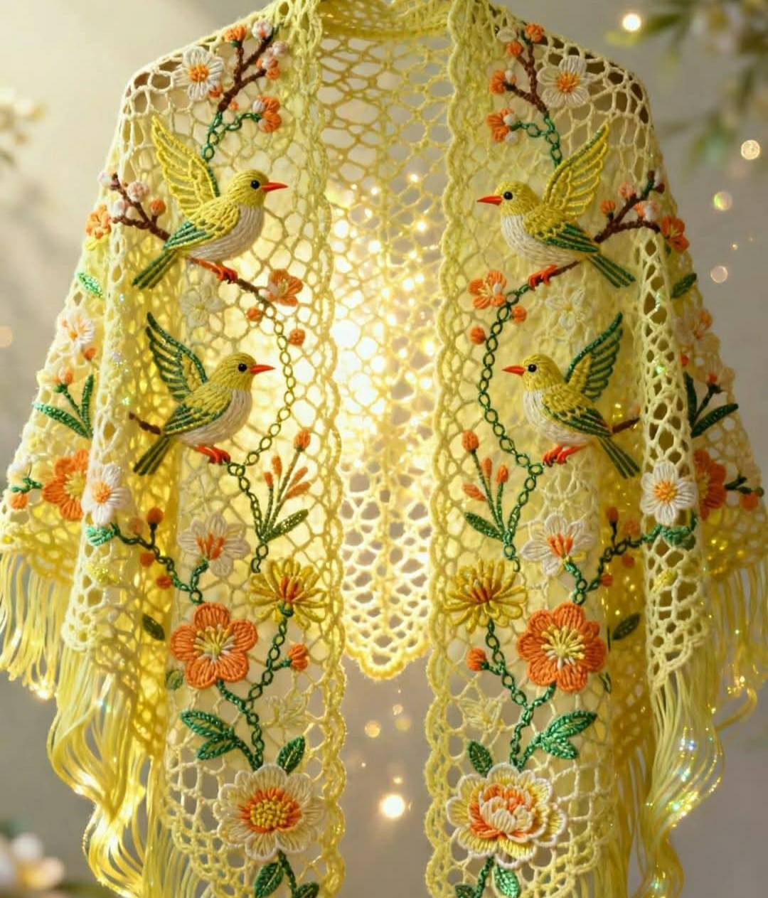 Crochet Shawl with Bird and Flower Appliqués – TUTORIAL